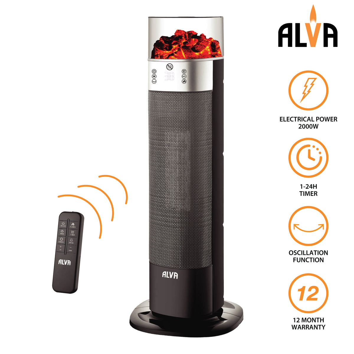 Electric Tower Fan Heater with Flame Effect | Remote Control | Alva