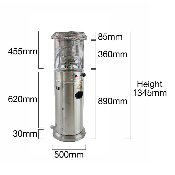 ALVA - SHORT STAND GAS PATIO HEATER – 1.35M TALL - STAINLESS STEEL ...