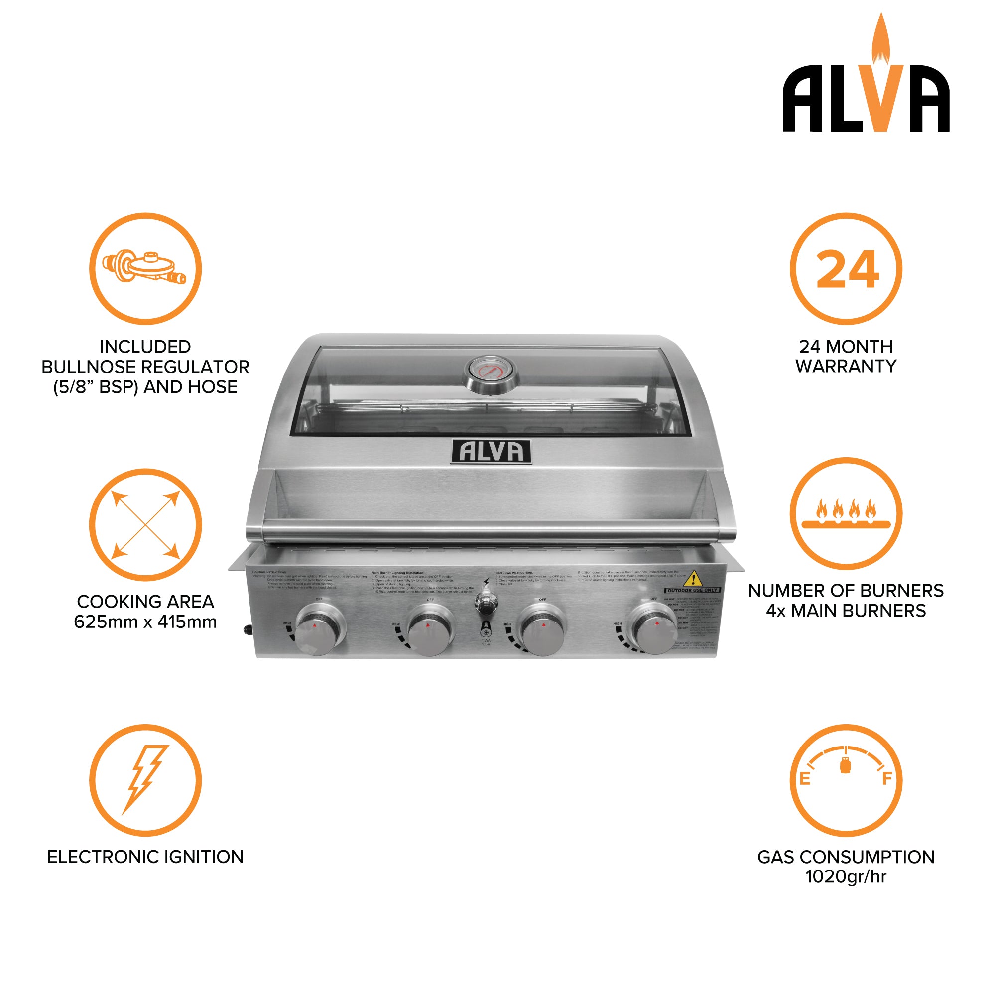 ALVA - MOJAVE 4-BURNER GLASS HOOD DROP-IN GAS BBQ